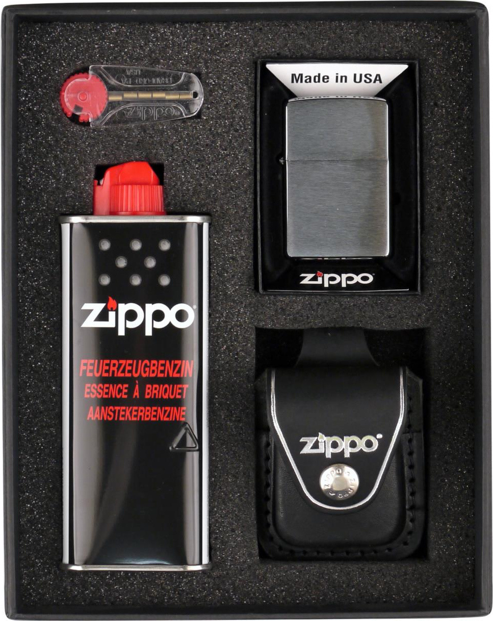 Gift Set Zippo Lighter Brushed Chrome met Leather Pouch Black Clip ...