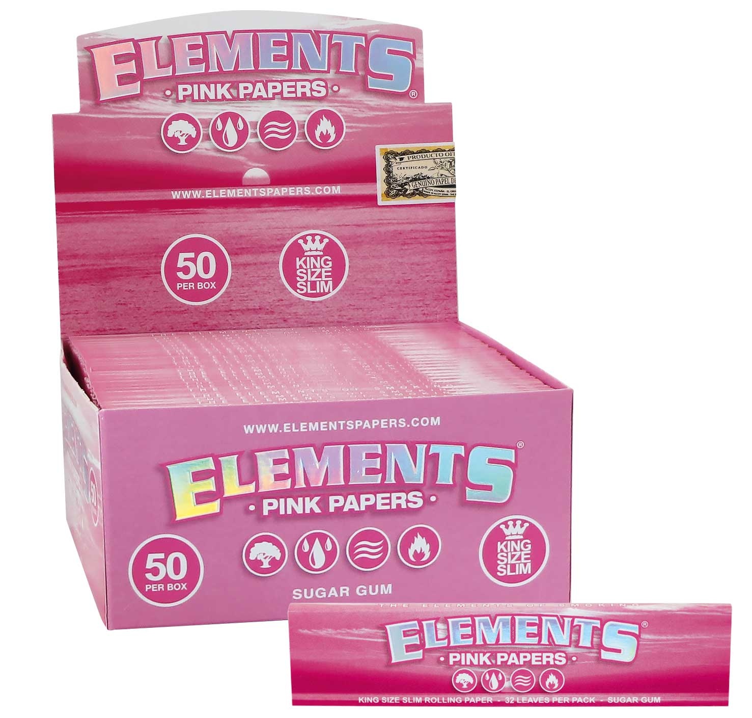 Elements Kingsize Slim Pink Vloei Box - Haddocks Lightershop