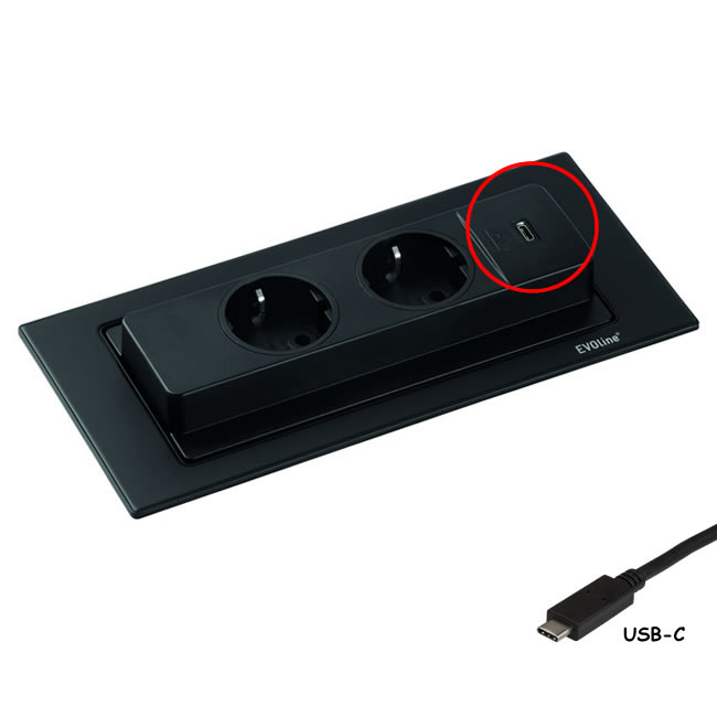 Evoline BackFlip Mat zwart 2 Stopcontacten| 1 USB-C lader│ Penaarding ...