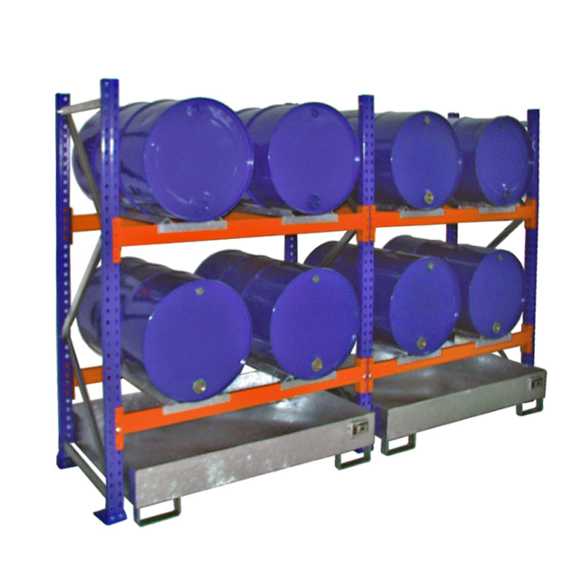 Drum rack shelves with sump tray 4x 200 Liter horizontal position