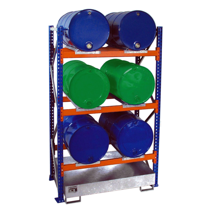 Drum rack shelves with sump tray 6 x 200 Liter horizontal position