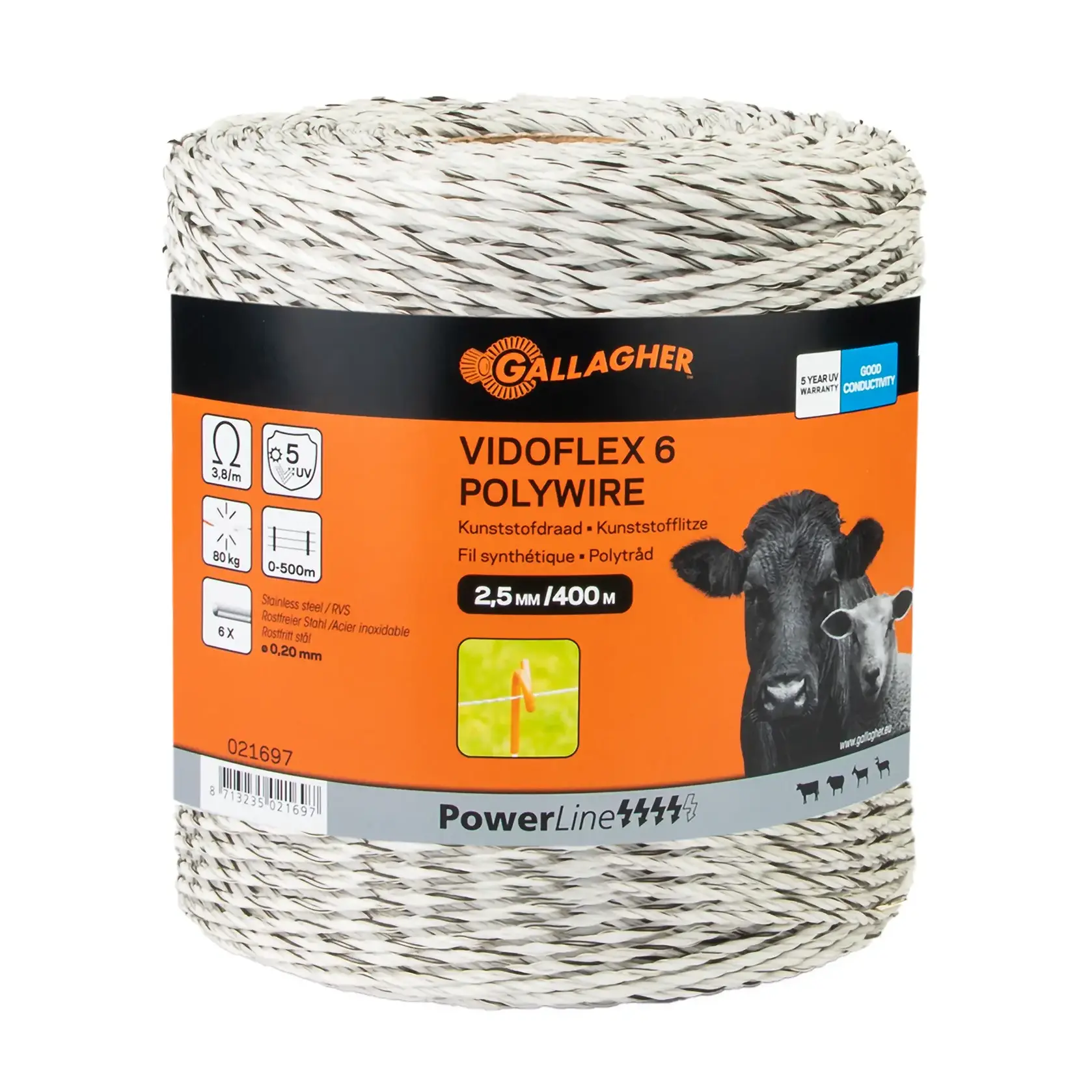 Gallagher Vidoflex 6 Polywire PowerLine 400 m - White - Strong & Durab