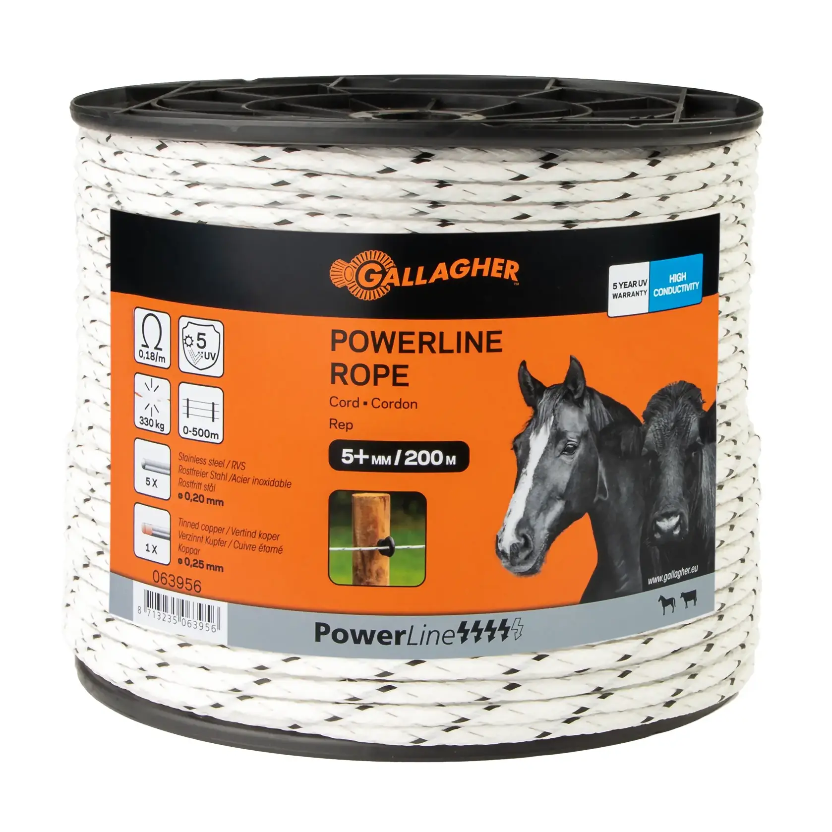 Gallagher PowerLine Braided Electric Fence Rope 200 m - White