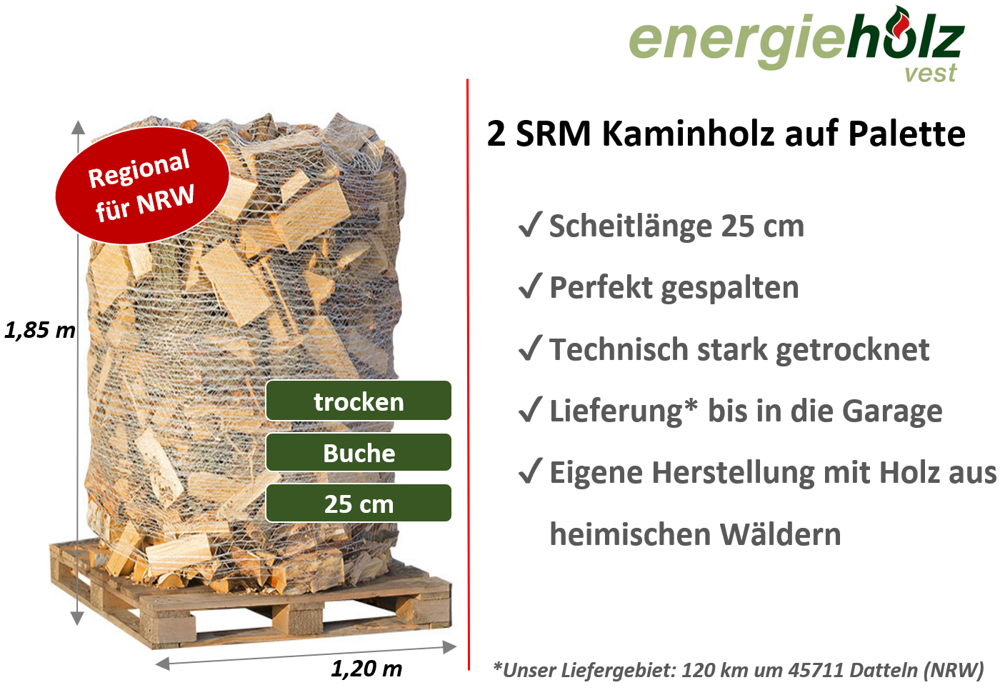 Trockenes Kaminholz aus Buche - 25 cm - auf 2-SRM-Palette - Energieholz ...