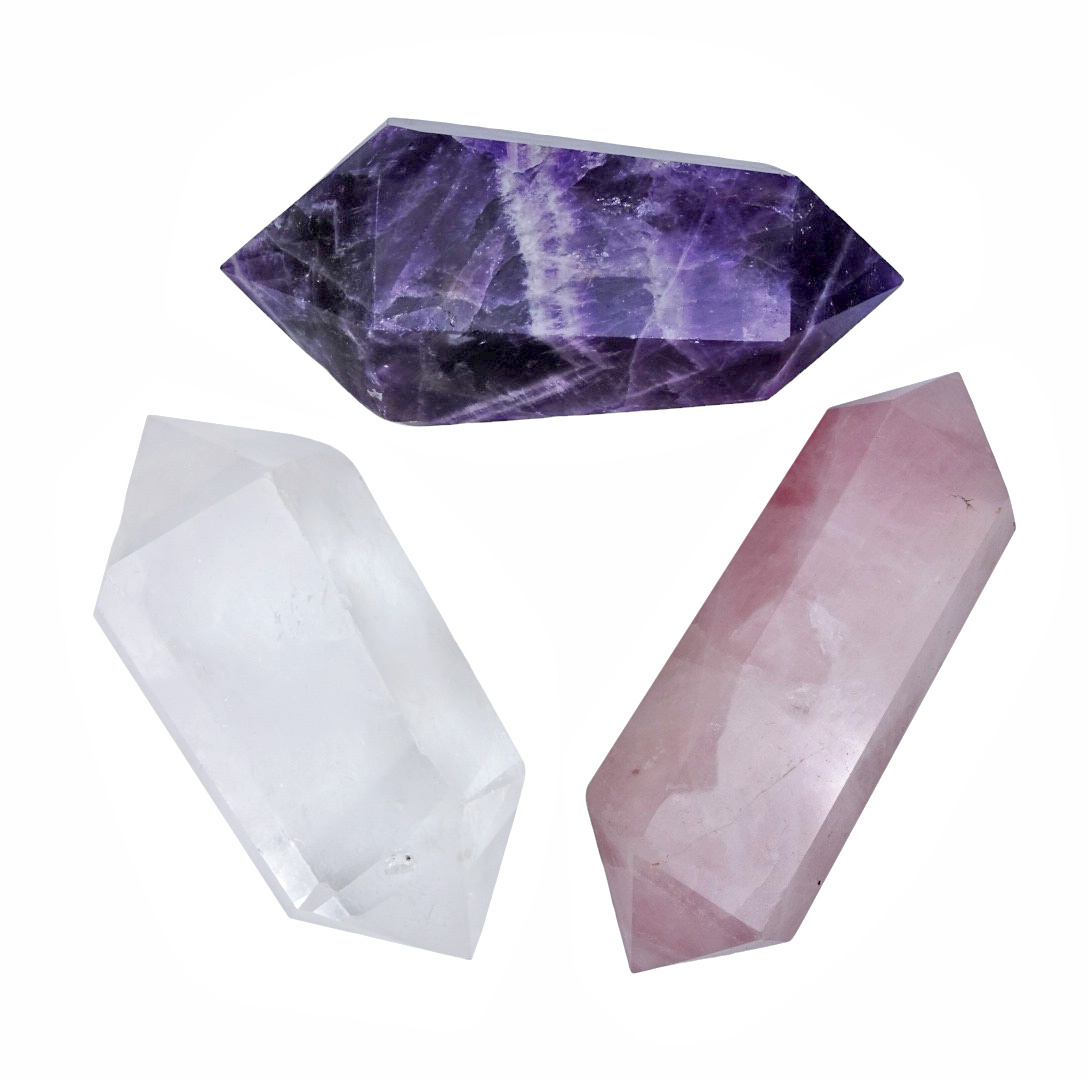 Goldenes Dreieck, Amethyst, Rosenquarz und Bergkristall.