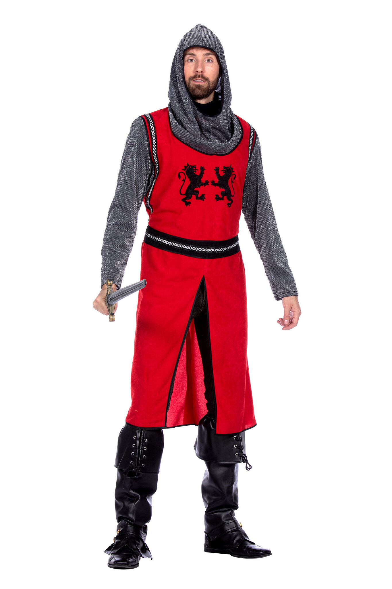 Middeleeuwse Ridder Kostuum Rood/Grijs Premium - Feestbazaar.nl