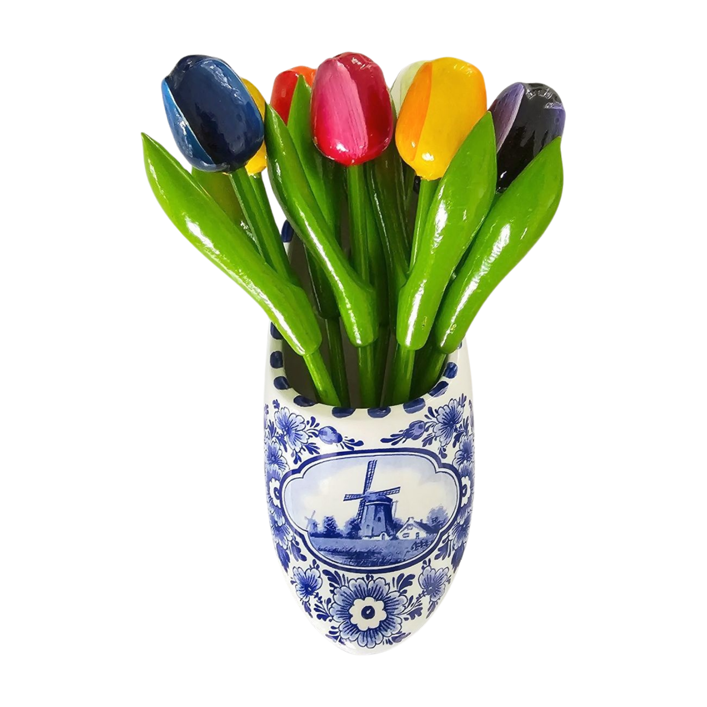 Typical Dutch souvenirs - Wooden tulips in clog - Delft blue pottery ...