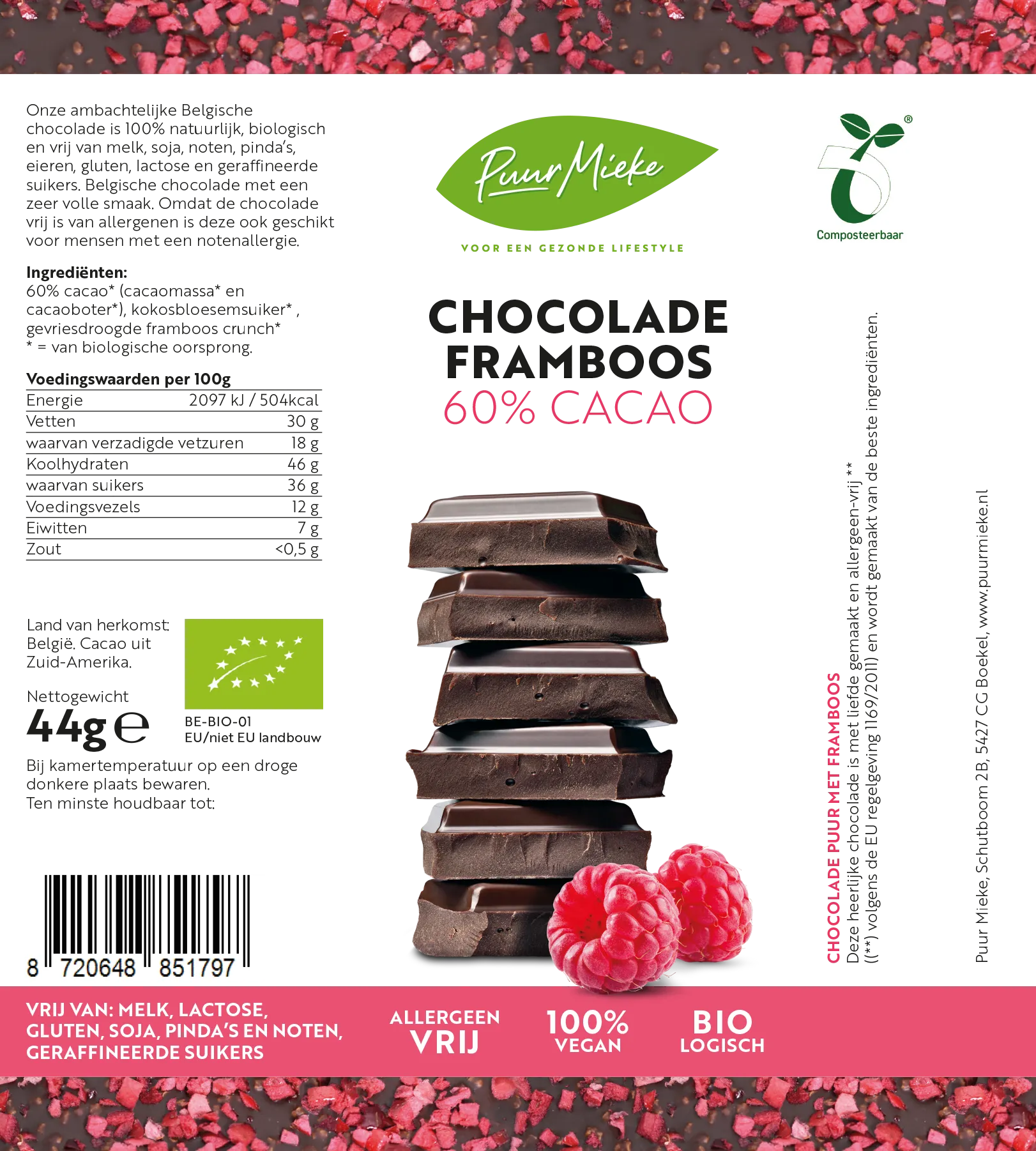 Chocoladereep Framboos - 60% Cacao - BIO | #1 in Pure Voeding - Puur Mieke