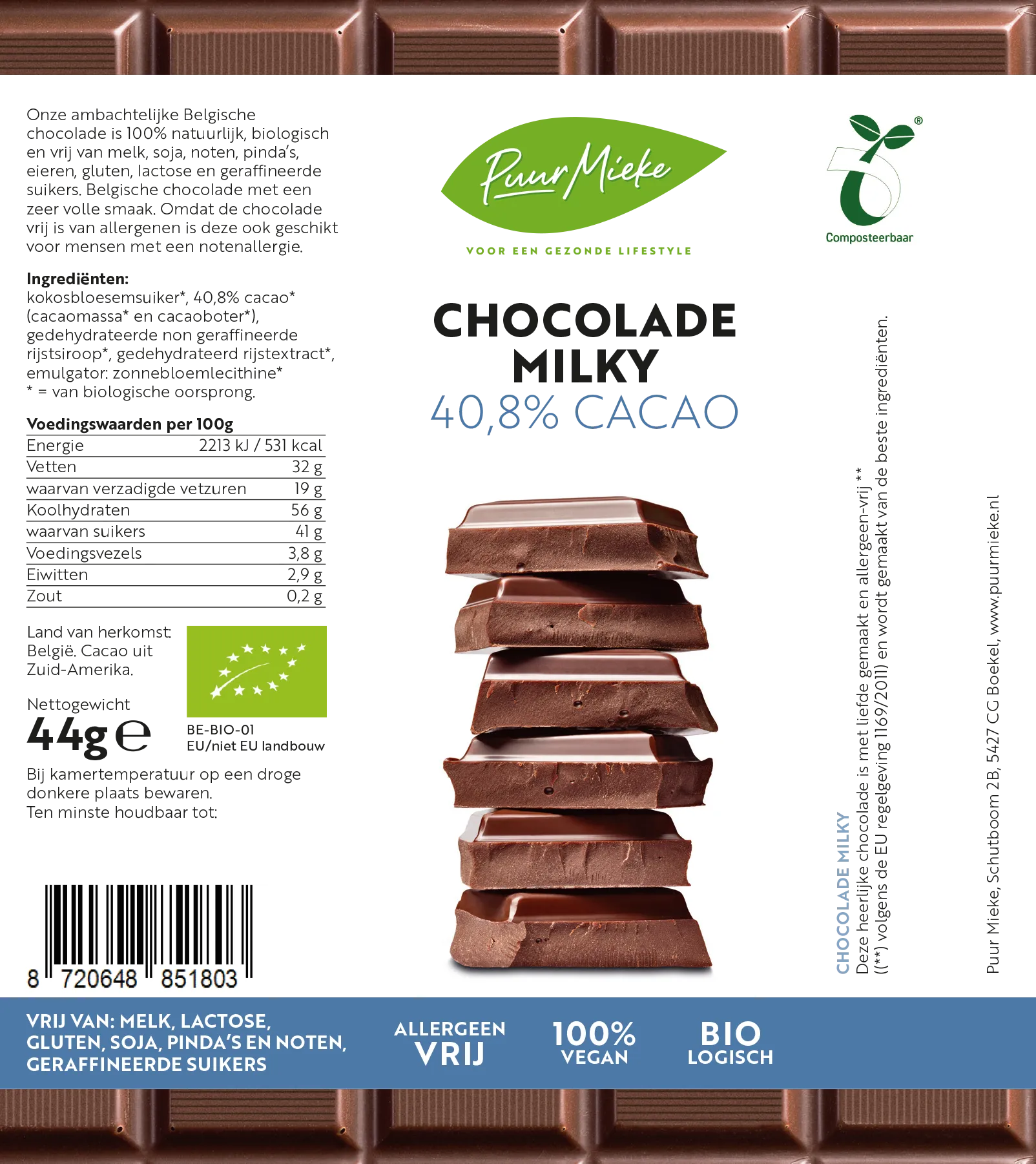 Chocoladereep Milky - 40,8 Cacao - BIO - Puur Mieke