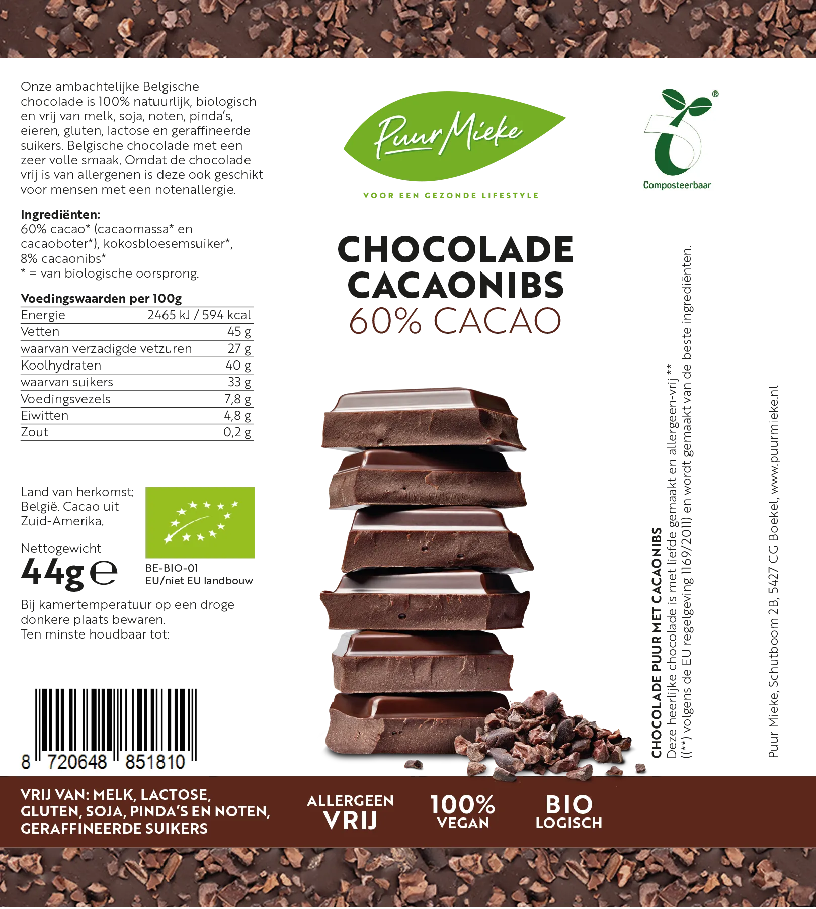 Chocoladereep Cacaonibs - 60% Cacao - BIO | #1 in Pure Voeding - Puur Mieke