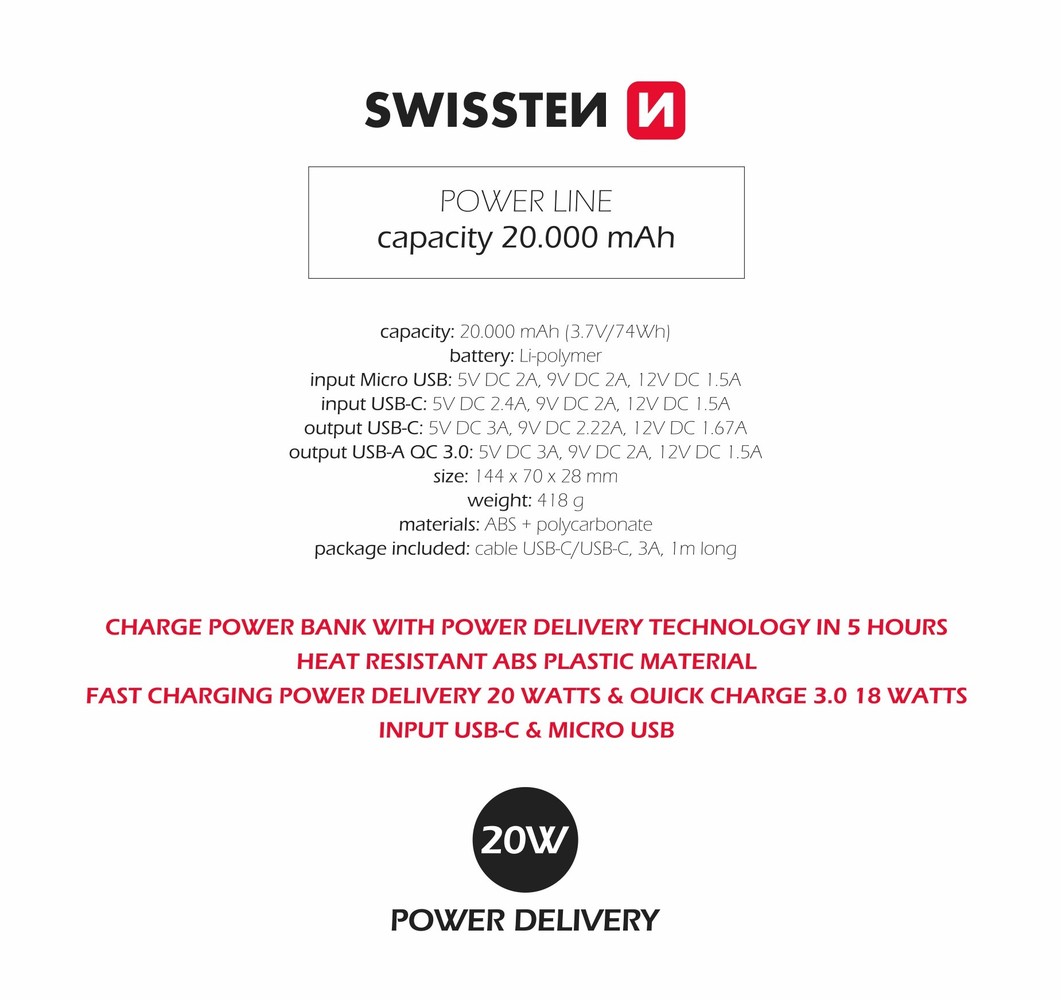 Swissten Powerbank Power Line - 20.000 mAh - USB & USB-C - Zwart ...