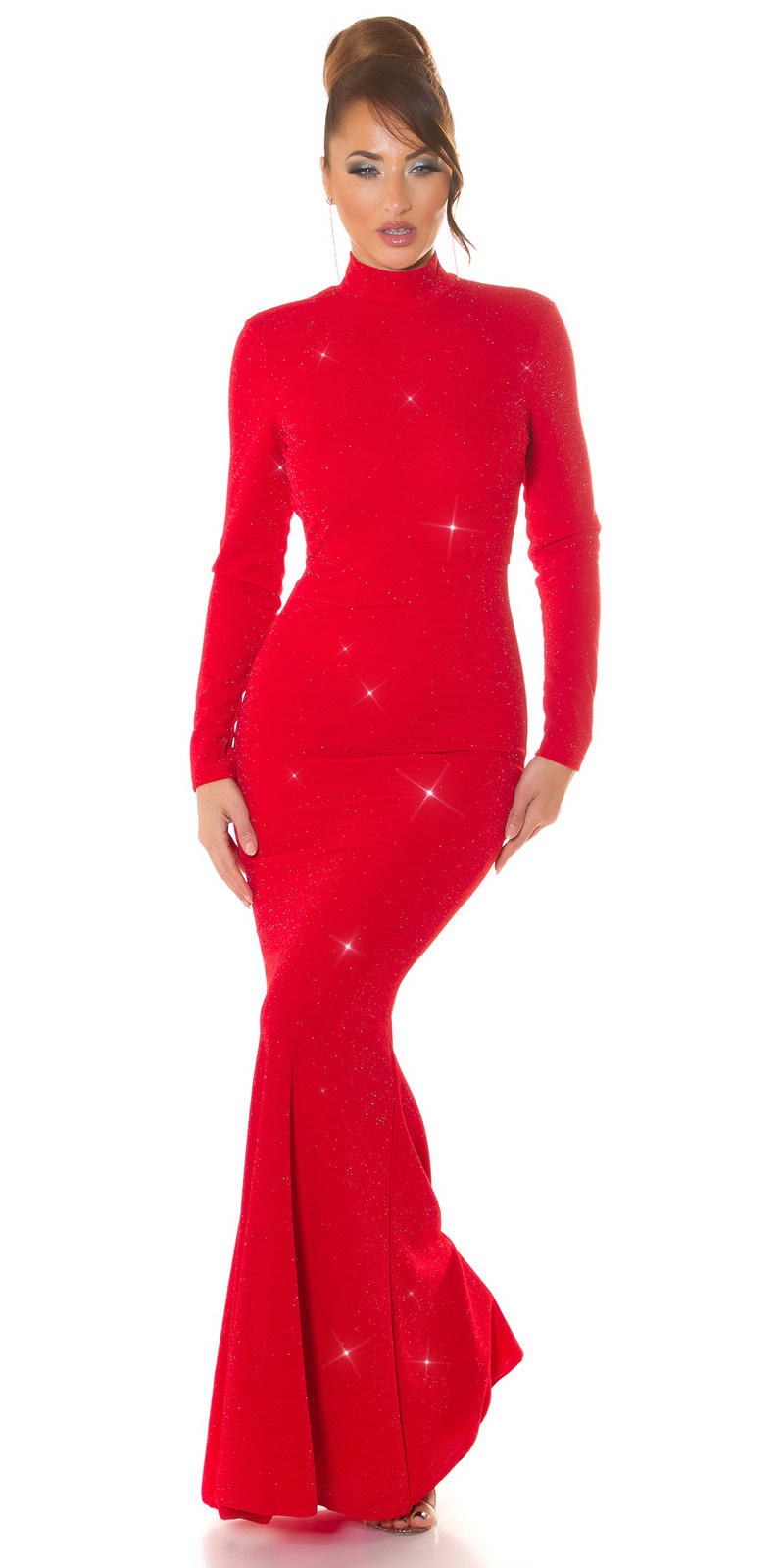 Luxe high neck shimmer gala jurk met open rug - rood - ClassyWear