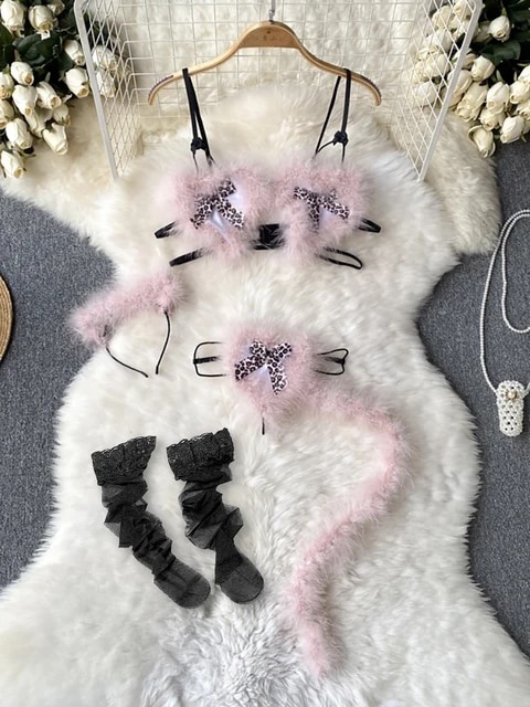 Fluffy sexy cat/kostuum lingerie 4-delige set - roze/leo - ClassyWear