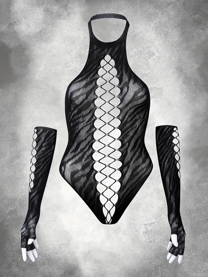 Sexy open-rug mesh bodysuit lingerie met lang handschoenen- zebra ...