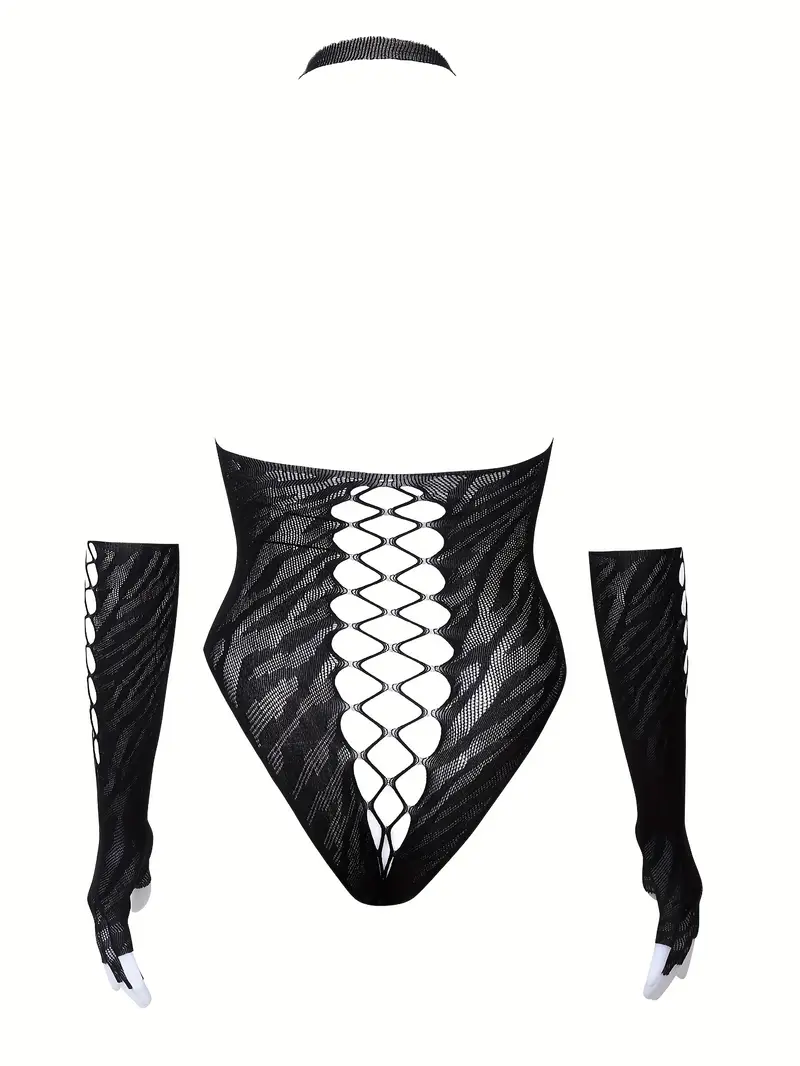 Sexy open-rug mesh bodysuit lingerie met lang handschoenen- zebra ...