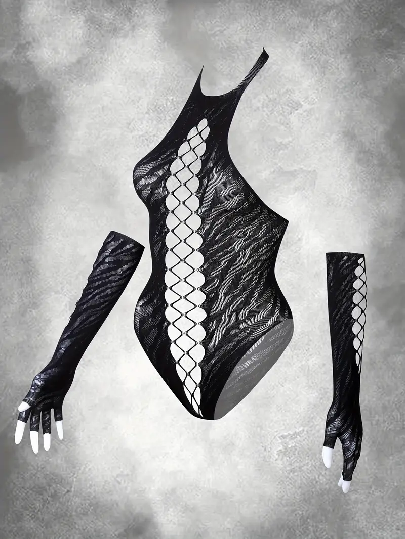 Sexy open-rug mesh bodysuit lingerie met lang handschoenen- zebra ...