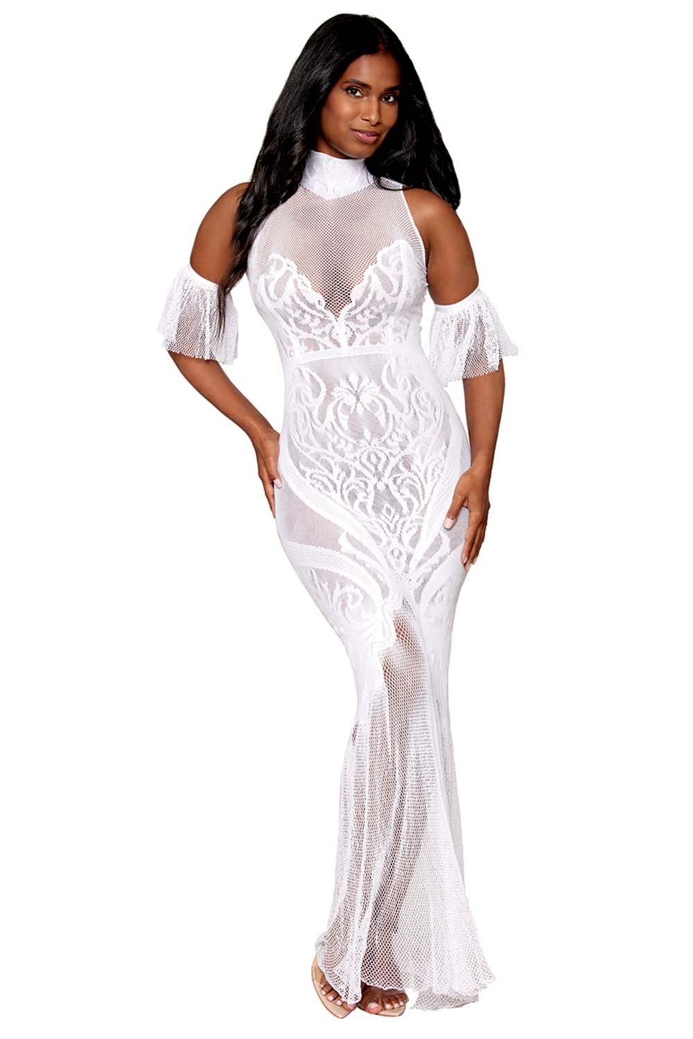 Sexy elegante bodystocking lang jurk met visnet en kant - wit - ClassyWear