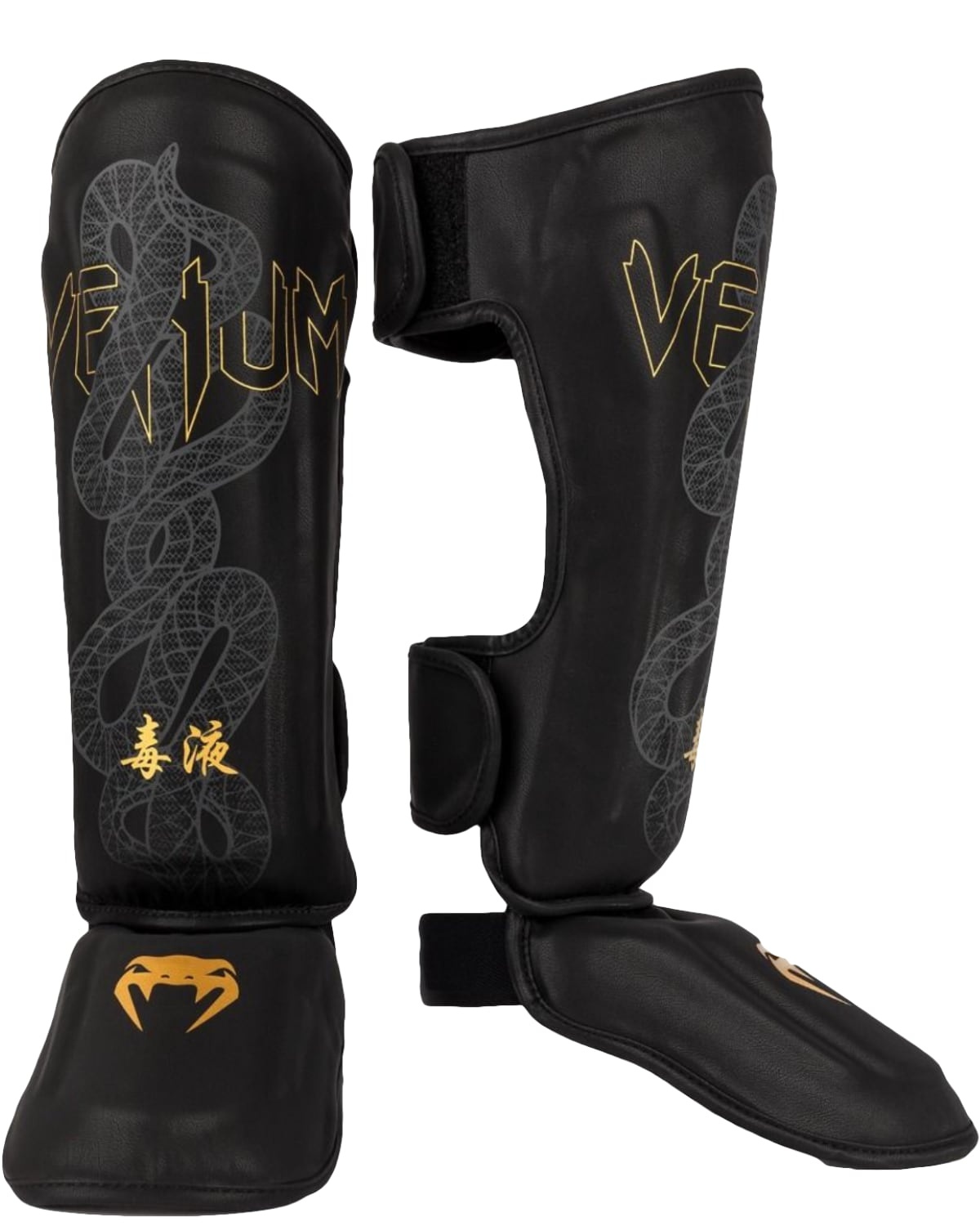 Venum Serpenti Shin Guards Black Silver Gold - Fightwear Shop - Europe