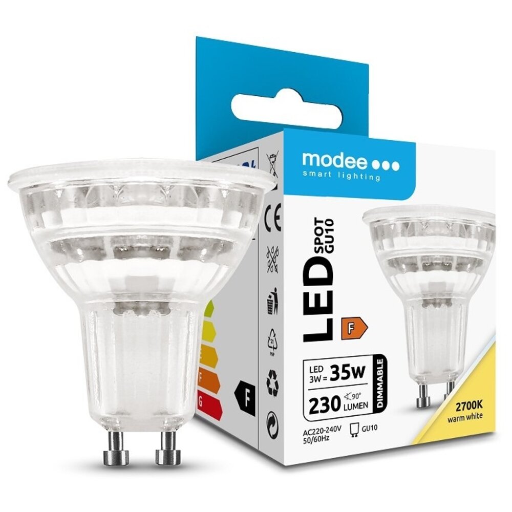 Dæmpbar LED-spot - GU10 3W - 2700K Varm hvid - Glas Dæmpbar - Ledpaneler.dk