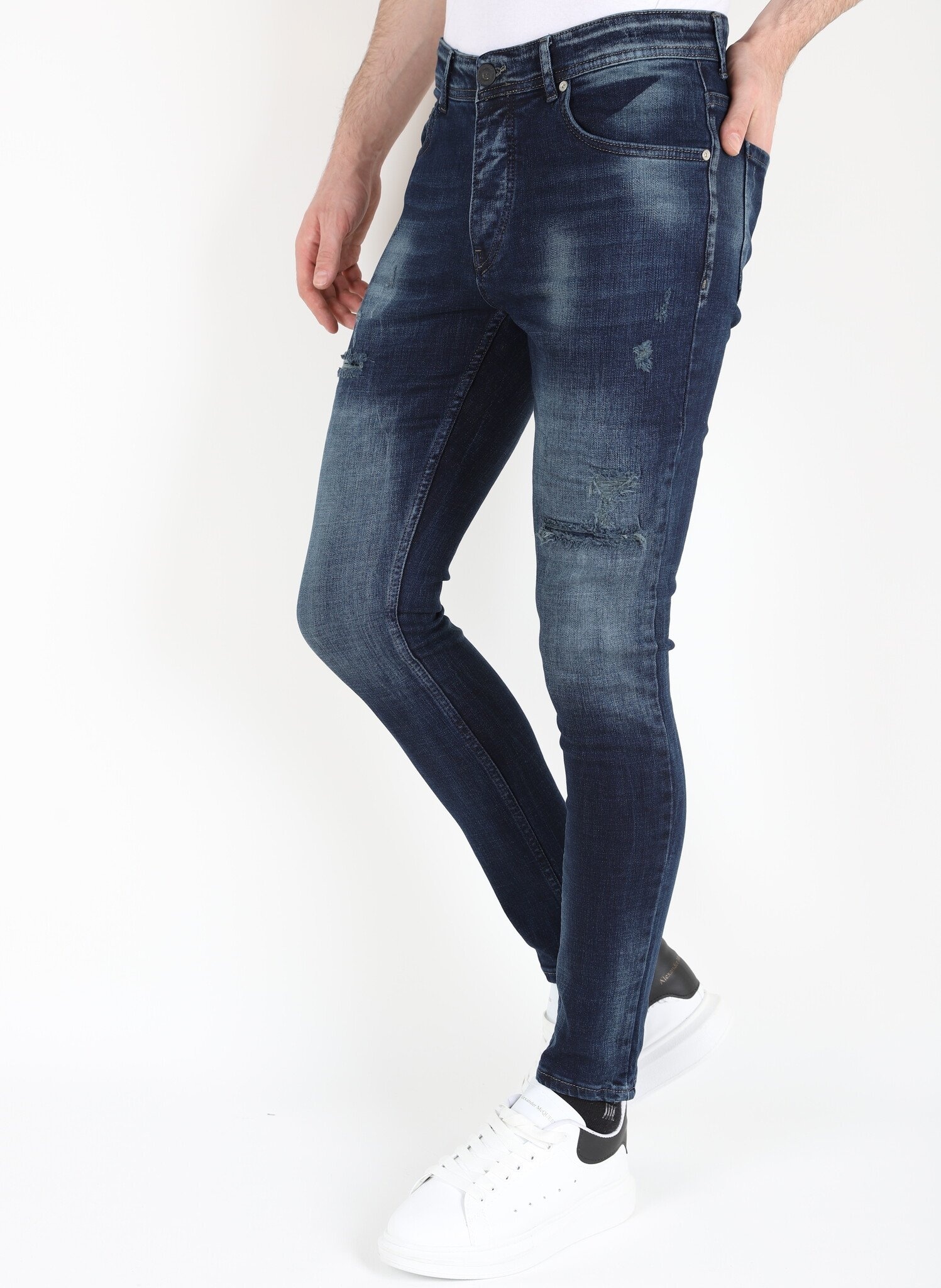 Dark Blue Stonewash Jeans with Holes Strech MM120 Styleitaly.eu