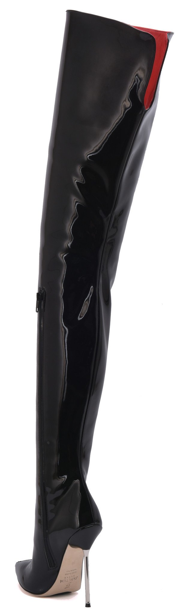 Crotch high Italian boots with metal heels in real patent leather ...