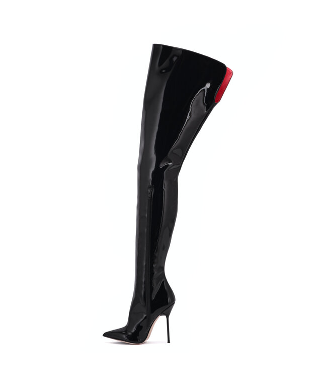 Crotch high Italian boots with black heels in real patent leather ...