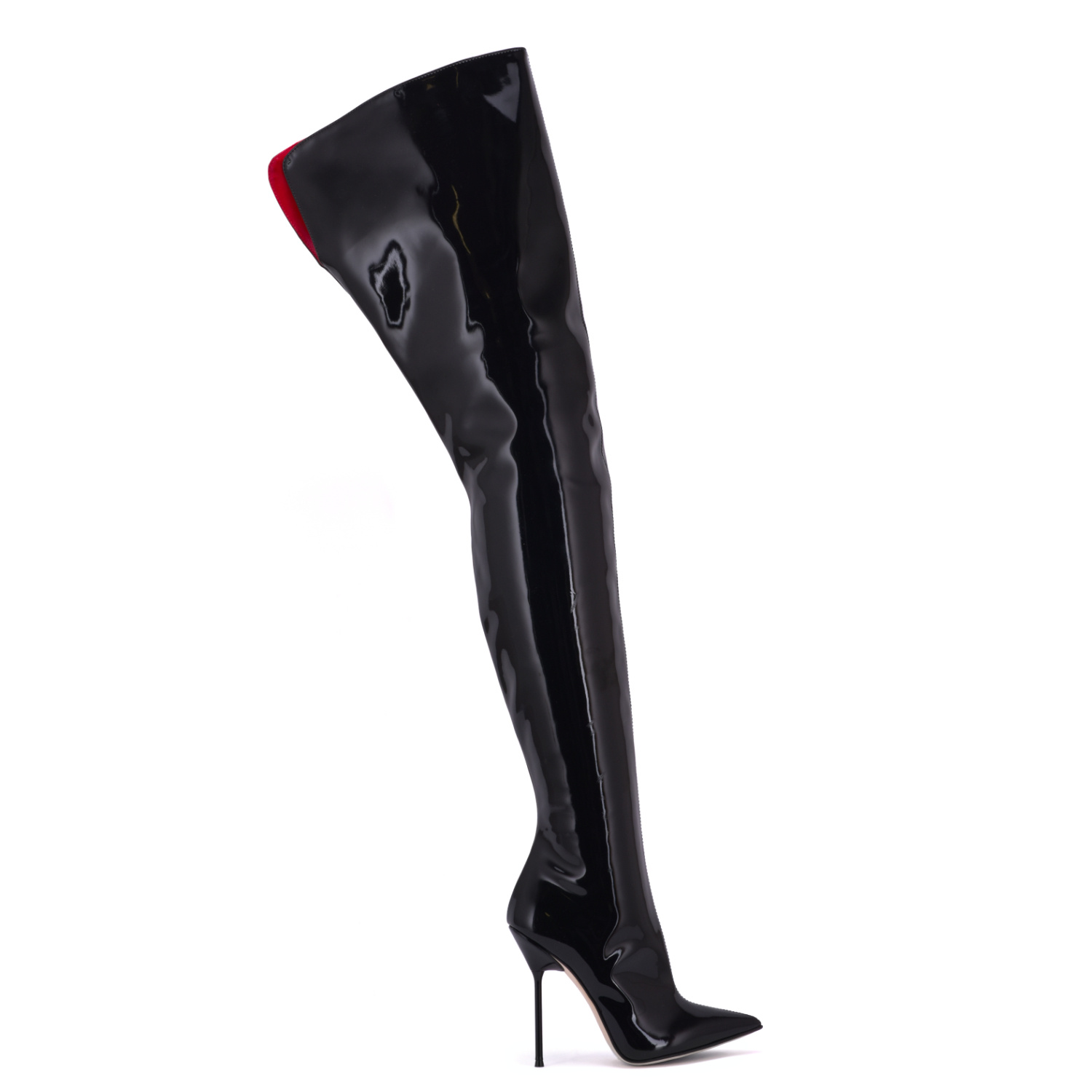 Crotch high Italian boots with black heels in real patent leather ...
