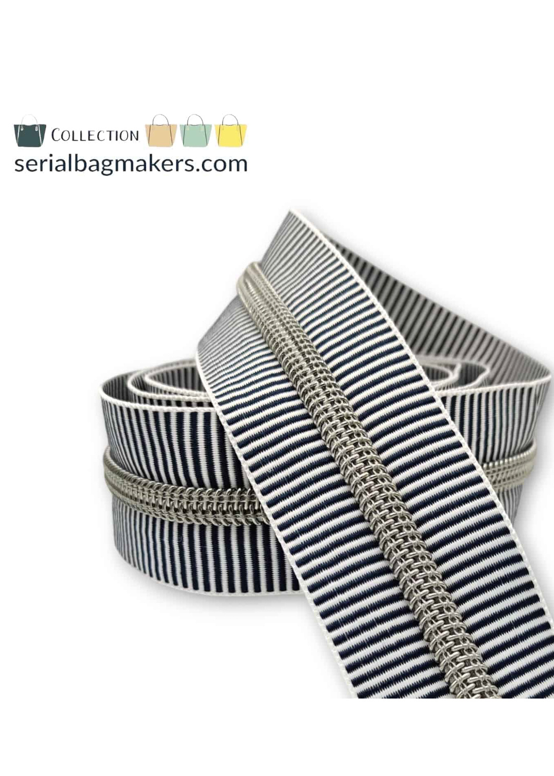 coil zipper ZEBRA navy white striped with silver coil #5 (excl. r ...