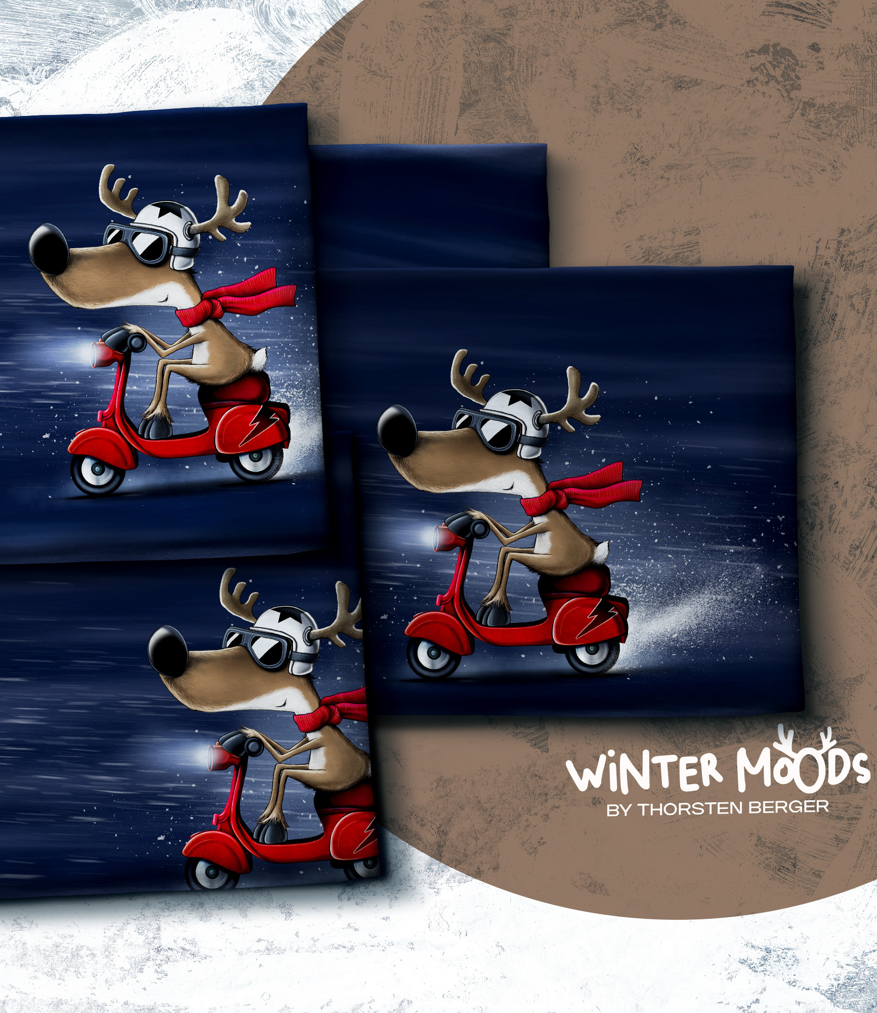 Rudolph op de scooter - blauw - french terry paneel van 85 cm op 150 cm ...
