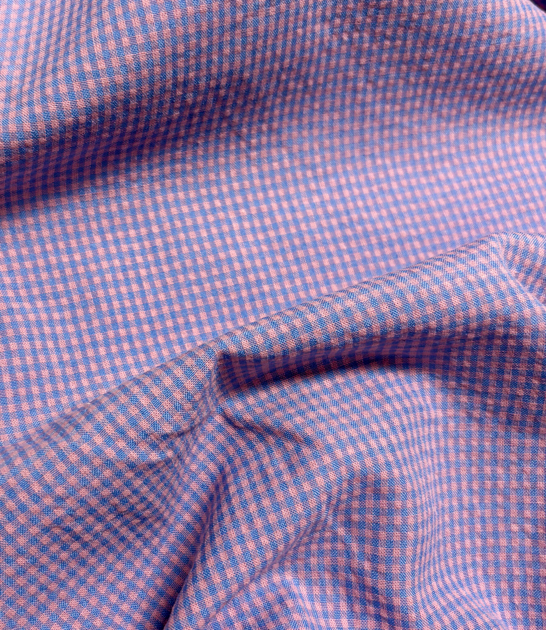 MINI gingham check blue/salmon pink - seersucker - Madeline De Stoffenmadam