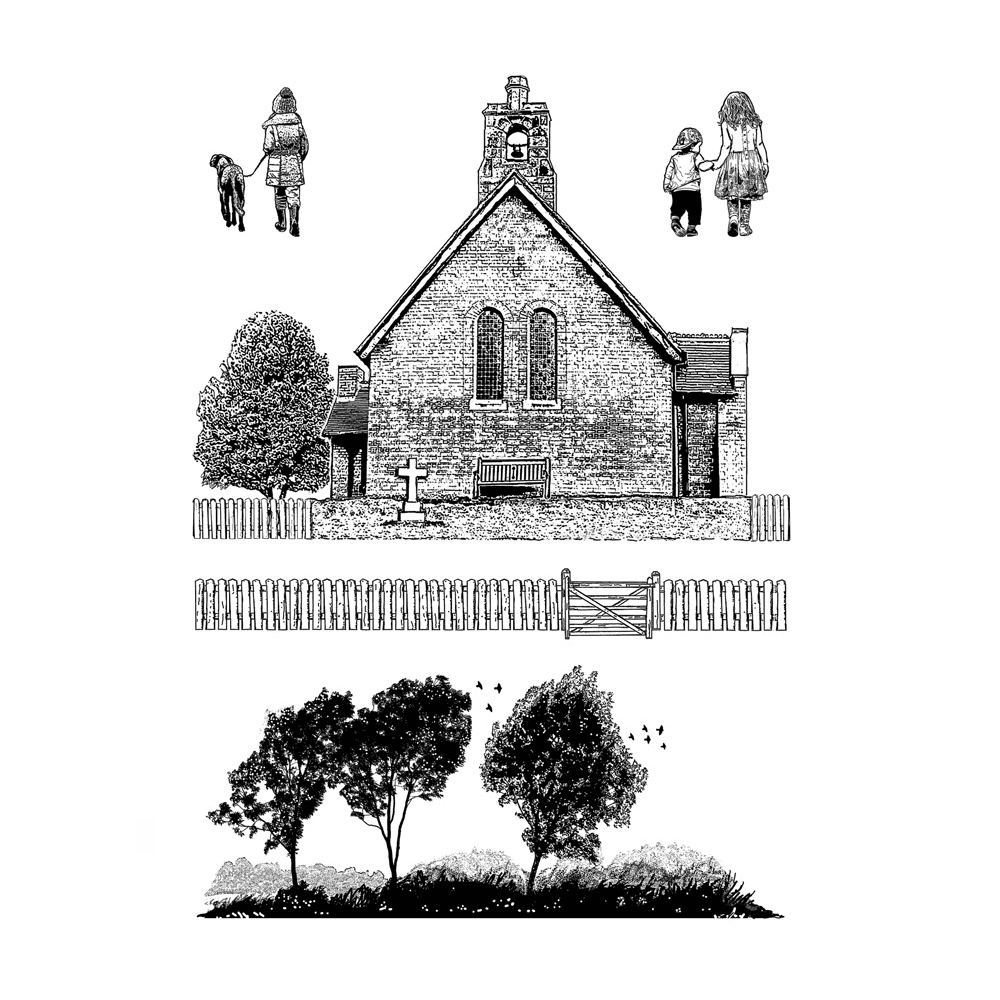 Red Brick Church Unmounted Rubber Stamps (CI-623) - Craftlines B.V.