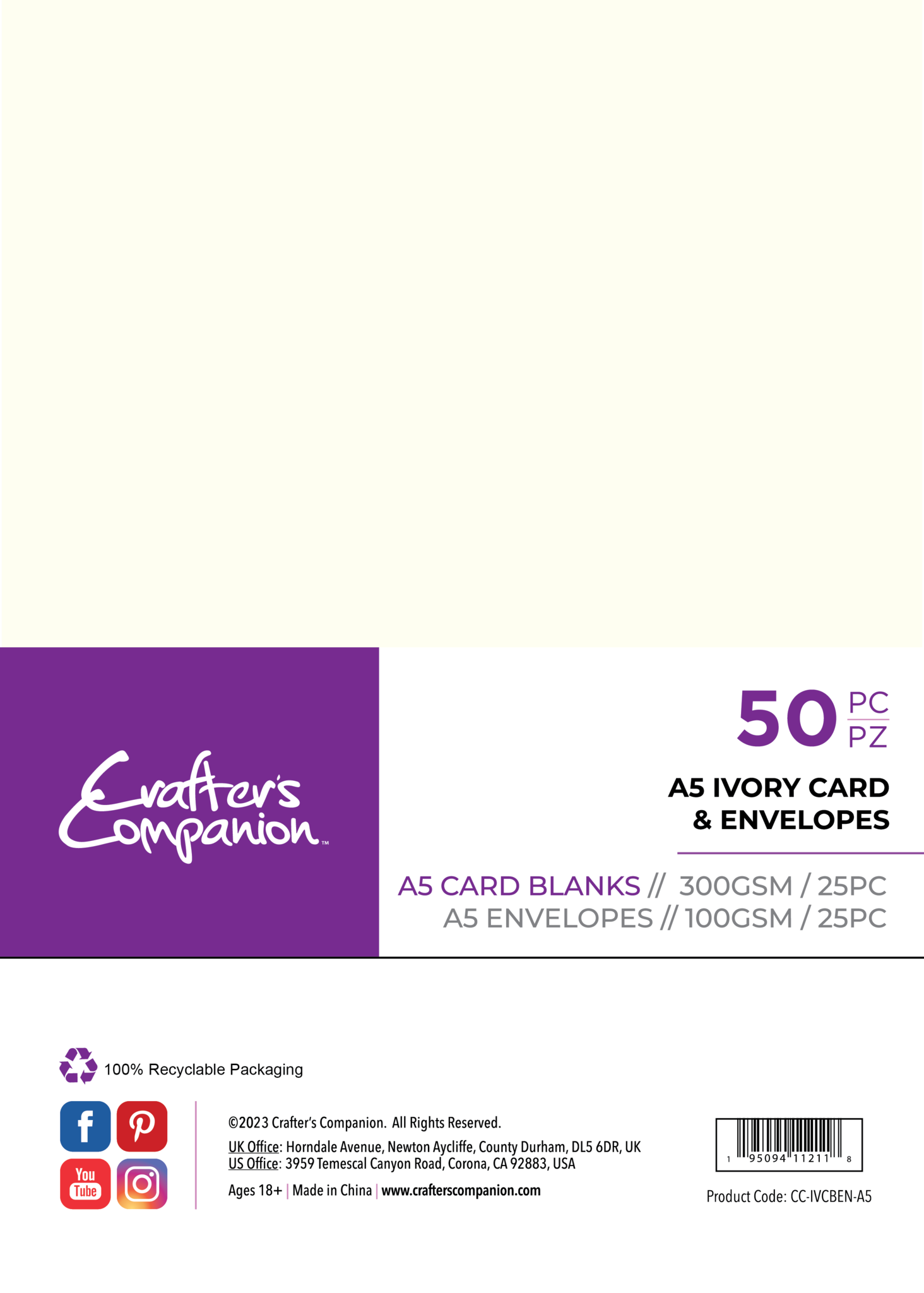 Card & Envelopes A5 Ivory (50pcs) (CC-IVCBEN-A5) - Craftlines B.V.