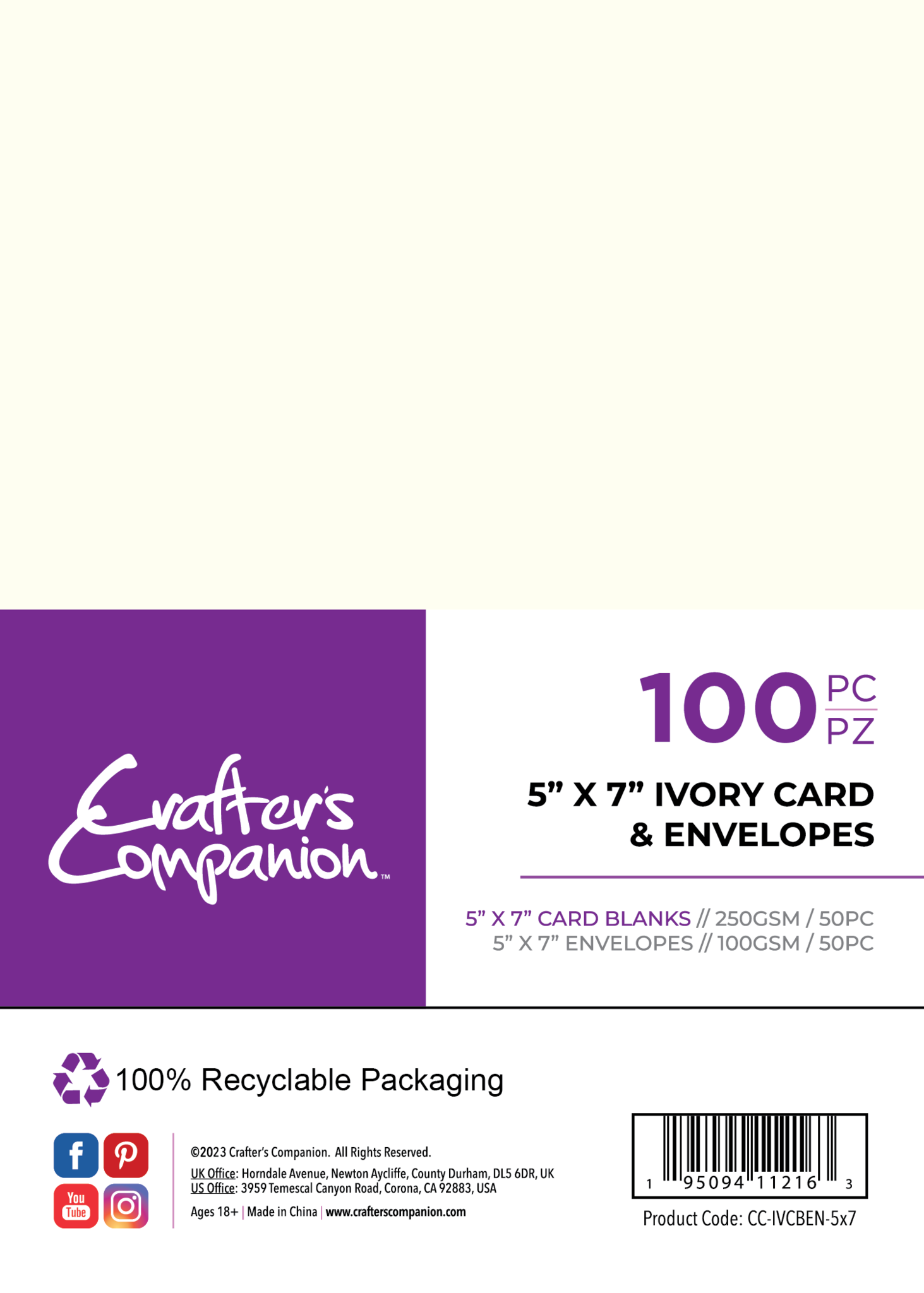 Card & Envelopes 5x7 Inch Ivory (100pcs) (CC-IVCBEN-5x7) - Craftlines B.V.