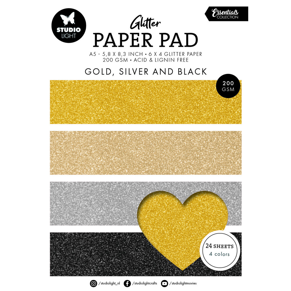 Glitter Paper Pad A5 Gold, Silver And Black (SL-ES-PP209) - Craftlines B.V.