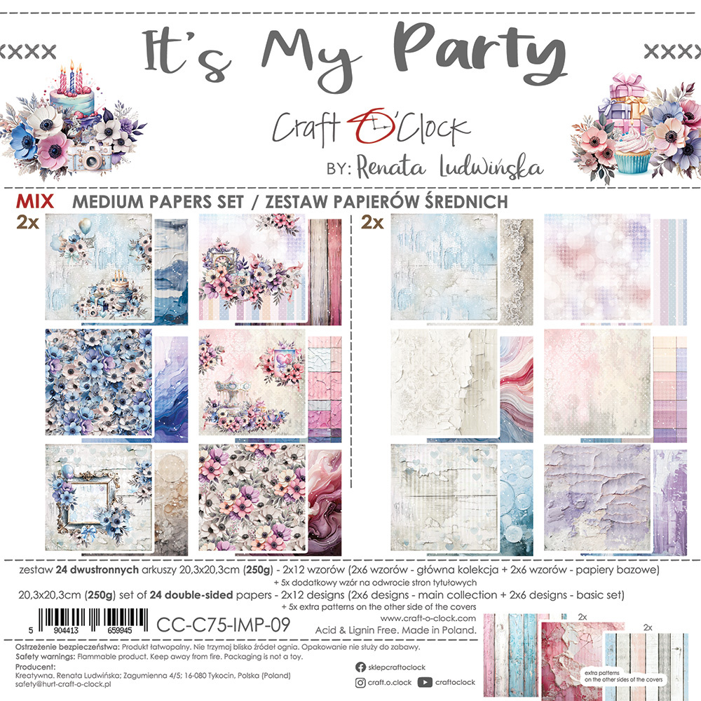 It's My Party 8x8 Inch Medium Papers Set (CC-C75-IMP-09) - Craftlines B.V.