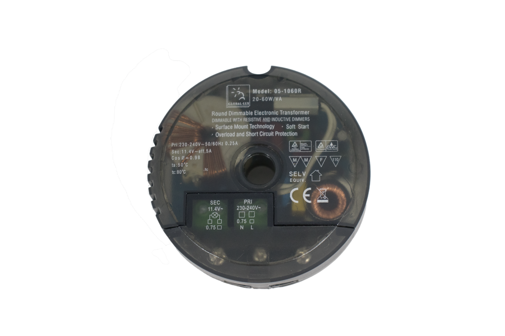 05-1060R Trafo round 220-240v naar 12v 20-60w Dimmable 25x75mm - ET48.com