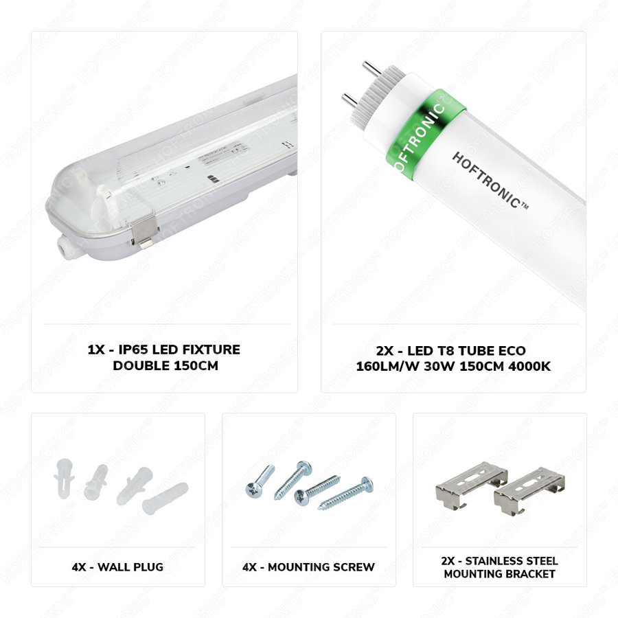 LED Waterproof fixture IP65 150 cm 4000K 2x30W 9600lm 160lm/W