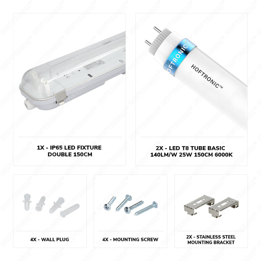 LED Waterproof fixture IP65 150 cm 6000K 2x25W 7000lm 140lm/W