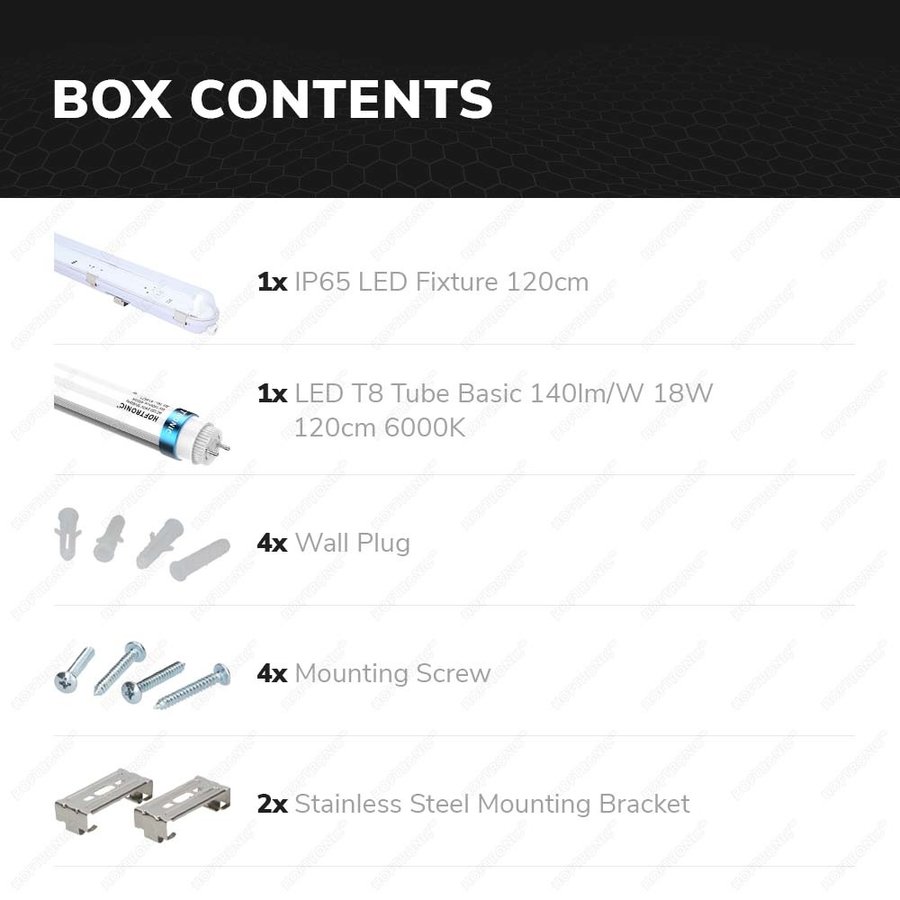 LED T8 fixture IP65 120 cm 6000K 18W 2520lm 140lm/W Flicker Free