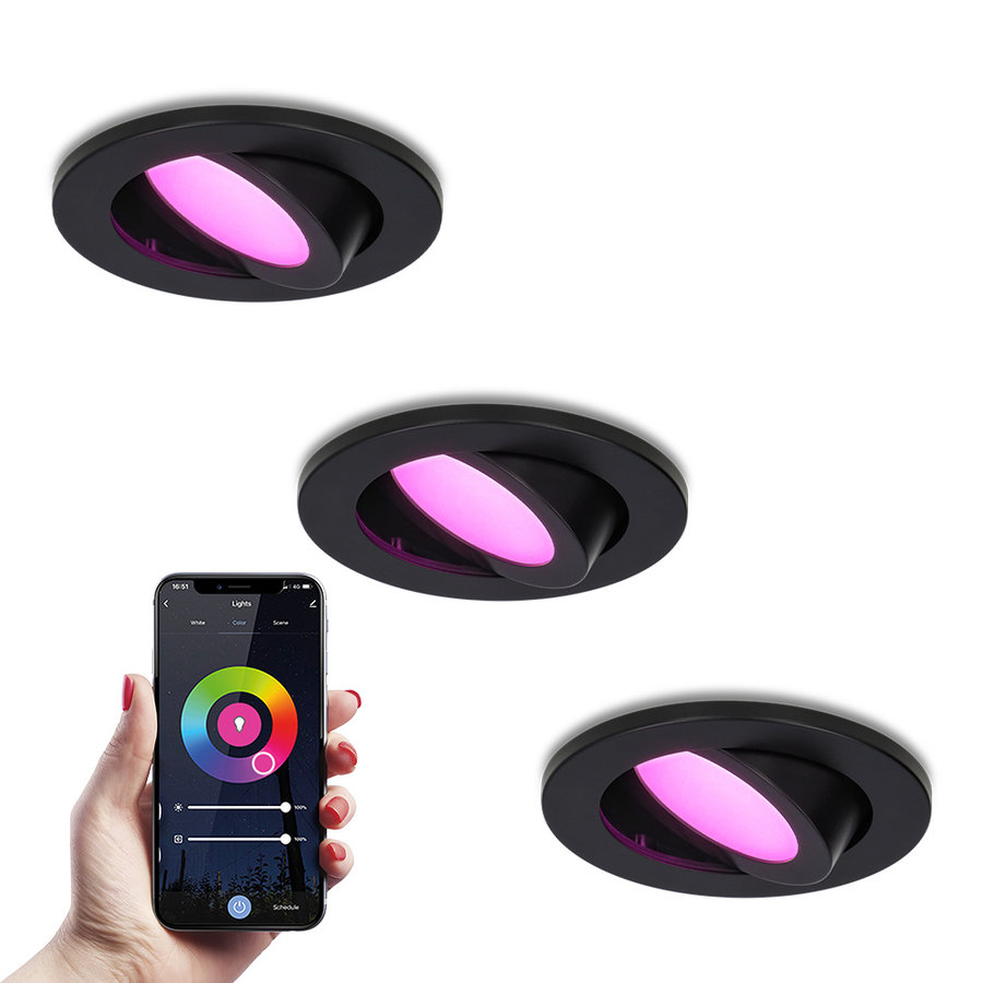 3x Vienna smart WiFi LED inbouwspot - Kantelbaar - RGBWW - 6W - Zwart
