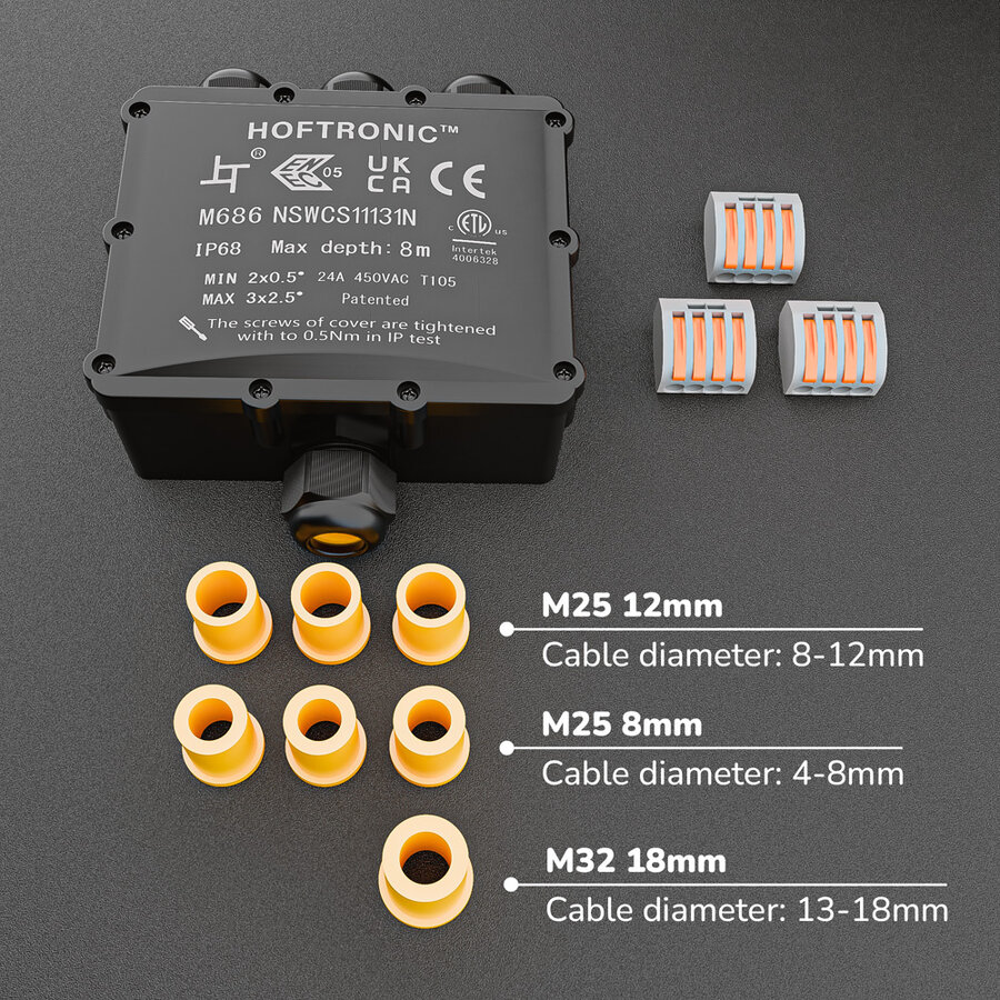 Junction Box - Cable Connector IP68 Waterproof - 4 cables - 4 to 18 mm