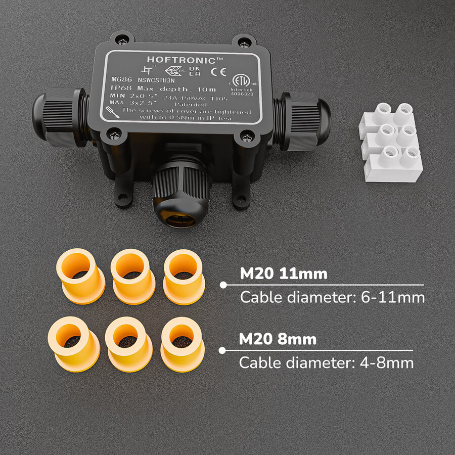 Junction Box - Cable Connector IP68 Waterproof - 3 cables - 4 to 11 mm