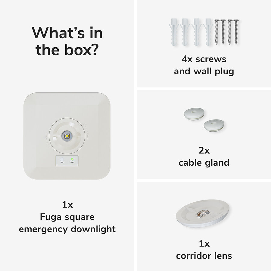 Fuga LED Emergency Mounted Downlight Square White - with Autotest