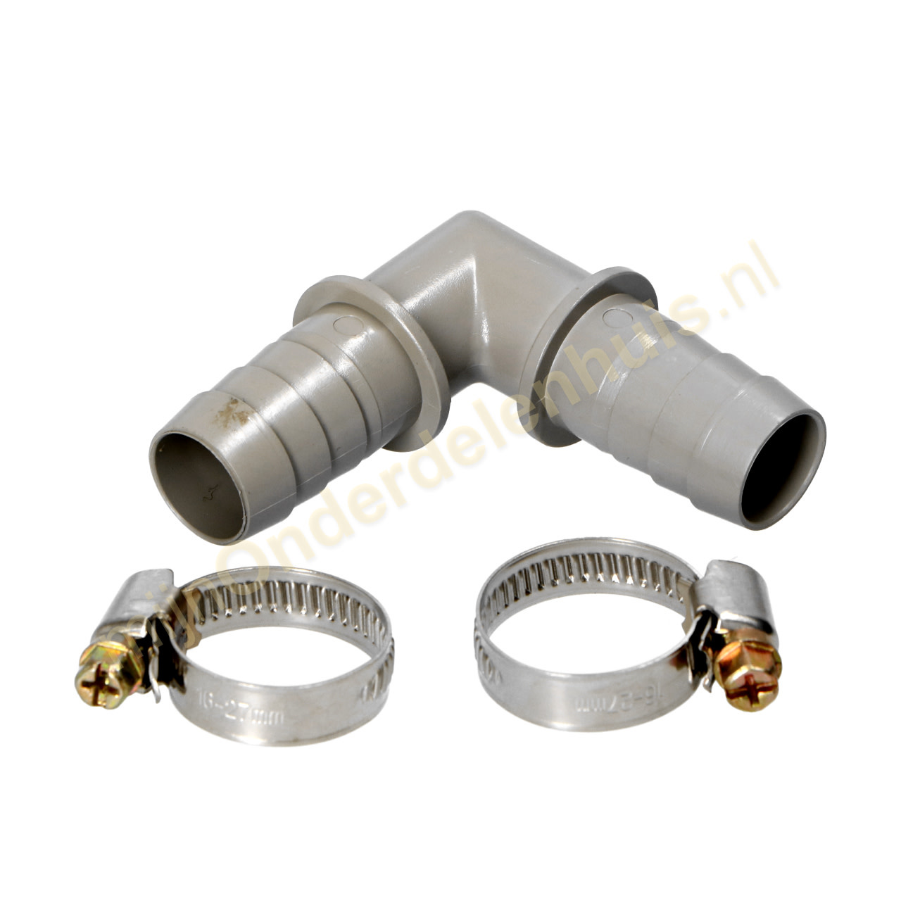Universeel haaks koppelstuk voor afvoerslang + klemmen 90 ...