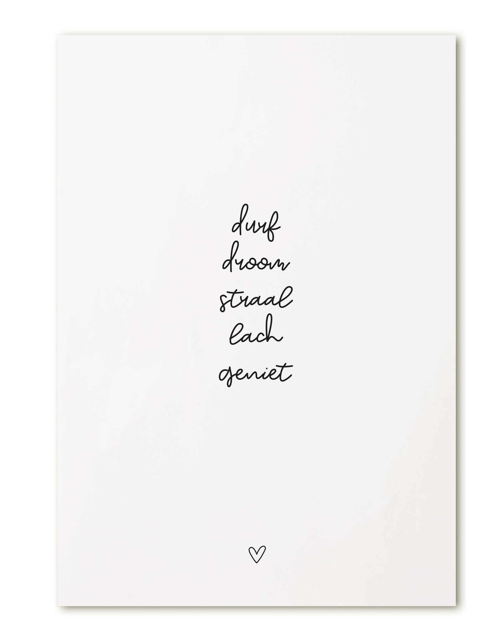 Kaart met tekst 'durf droom straal lach geniet'