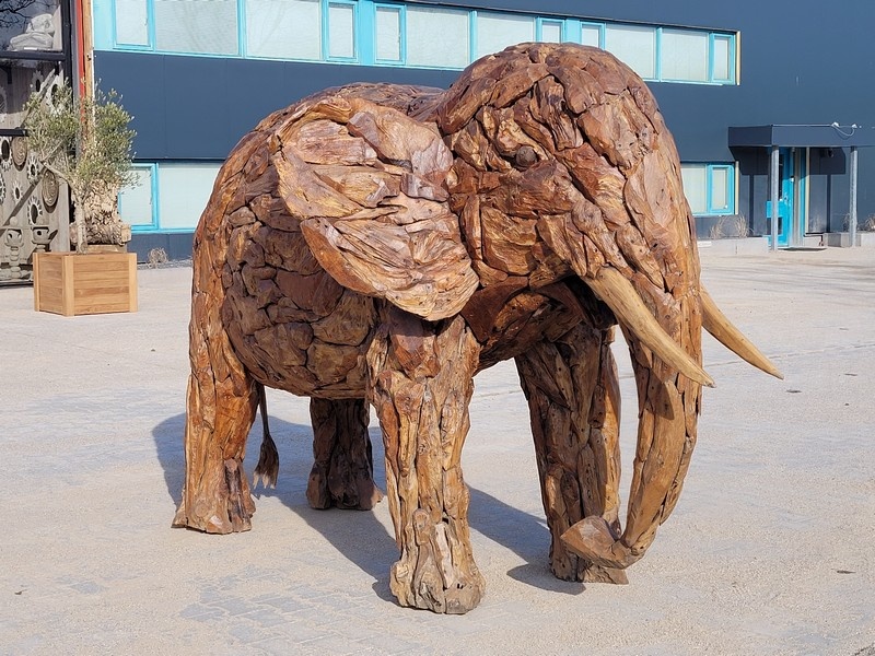 Unieke levensgrote olifant (300x150x190 cm) van drijfhout! Puurteak.nl