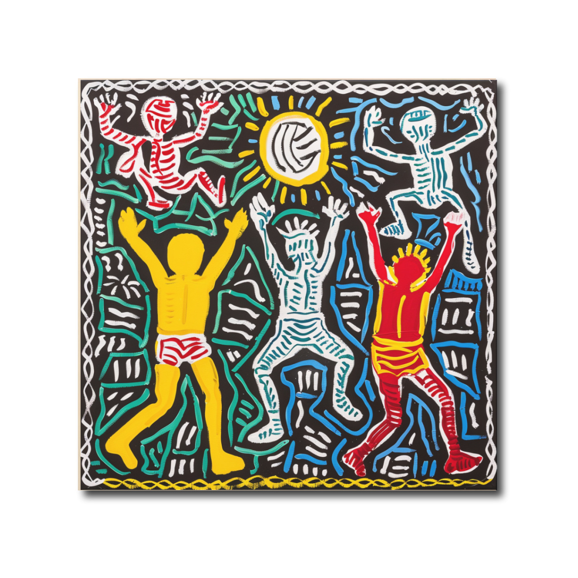 Volleybal thema in de stijl van Keith Haring op hout - Traktatiecorner.nl