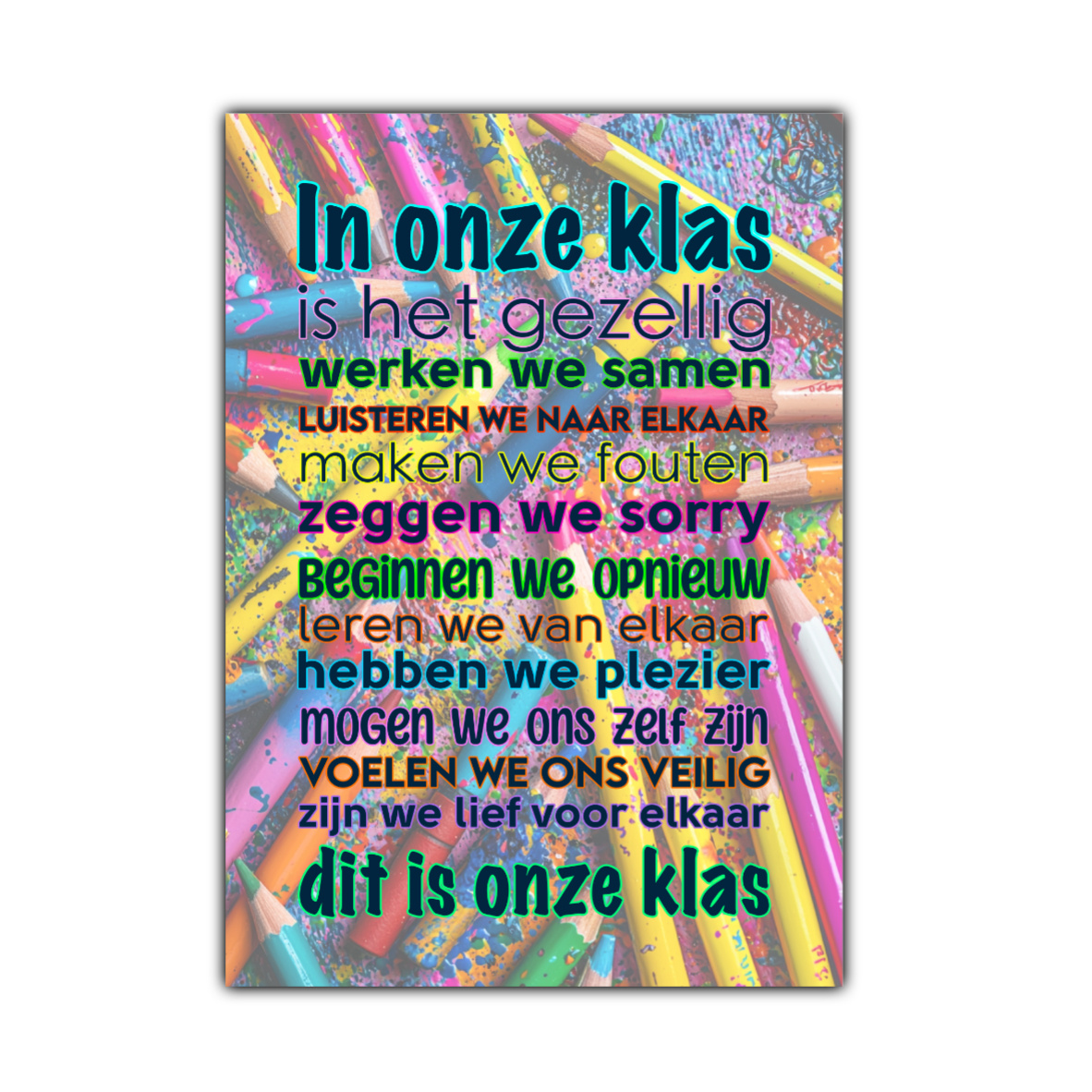 Glashelder plexiglas tekstbord ‘In onze klas’ – kleurrijk bedrukte ...