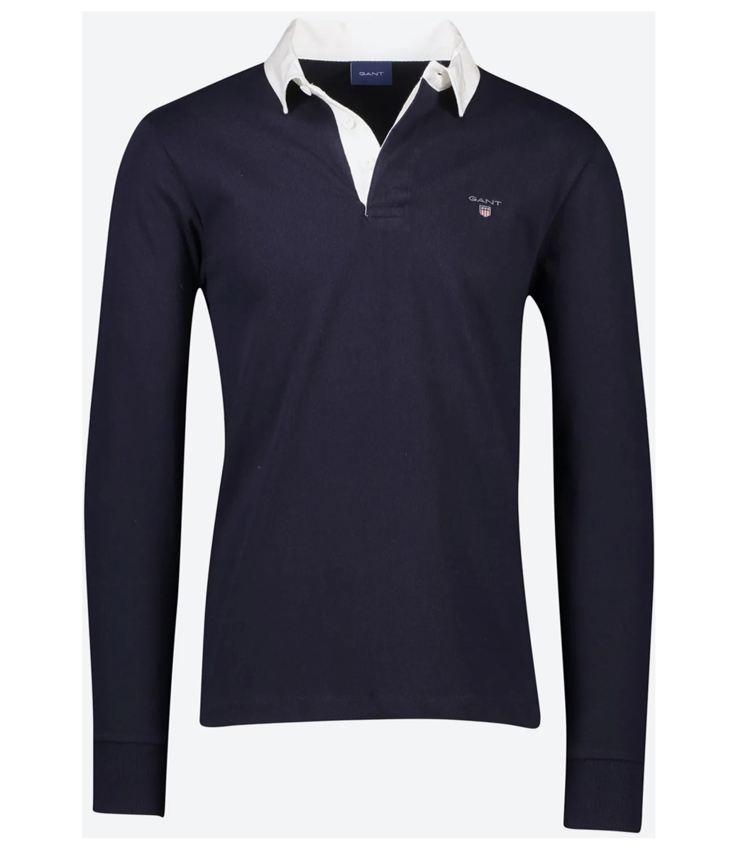 2005089 433 Gant donkerblauw heren rugby shirt sweater met witte kraag ...