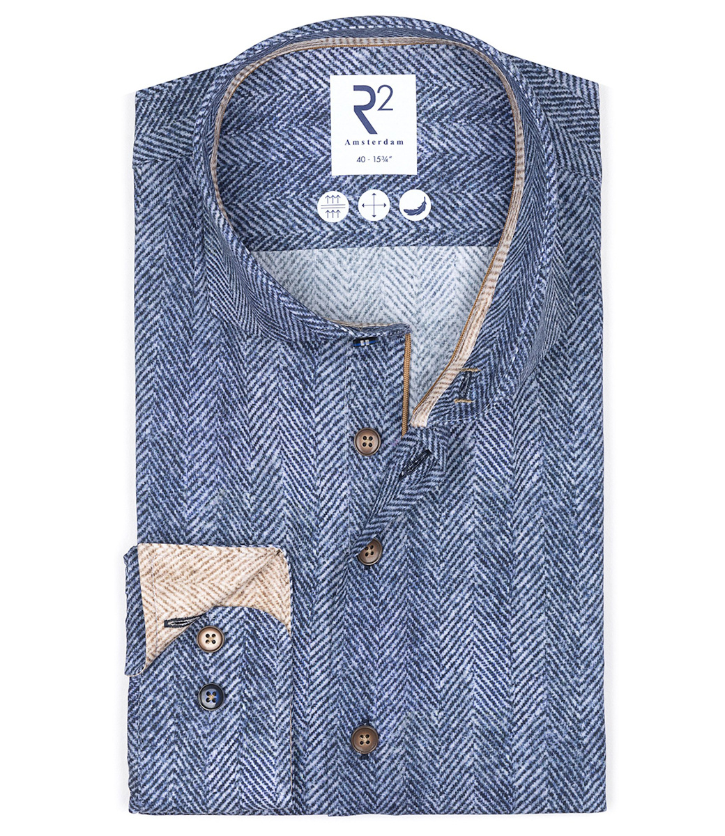 122.WSP.022 R2 Amsterdam heren overhemd jeans blauw visgraat print ...